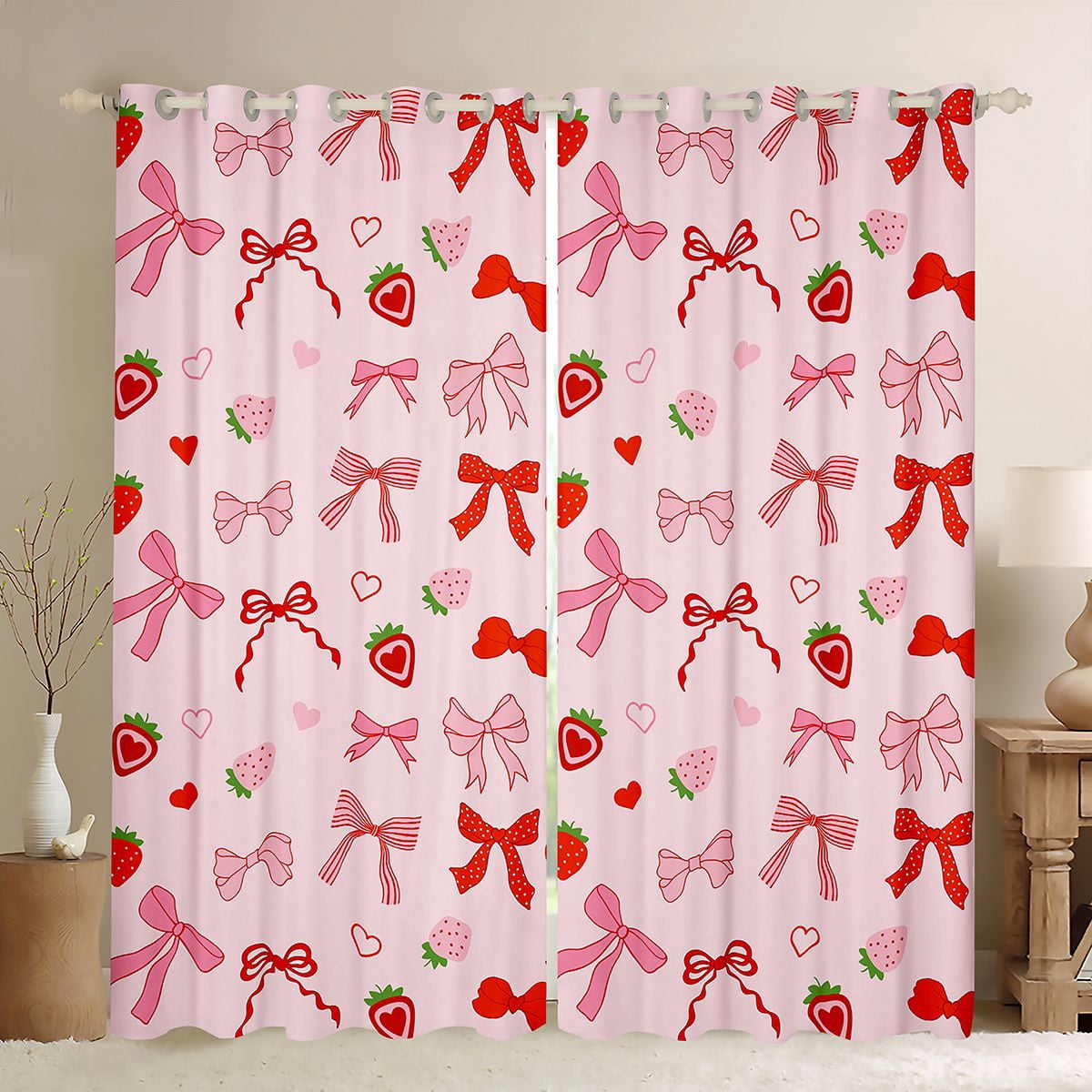 Erosebridal Girly Pink Ribbon Black Out Curtains, Cartoon Strawberry ...