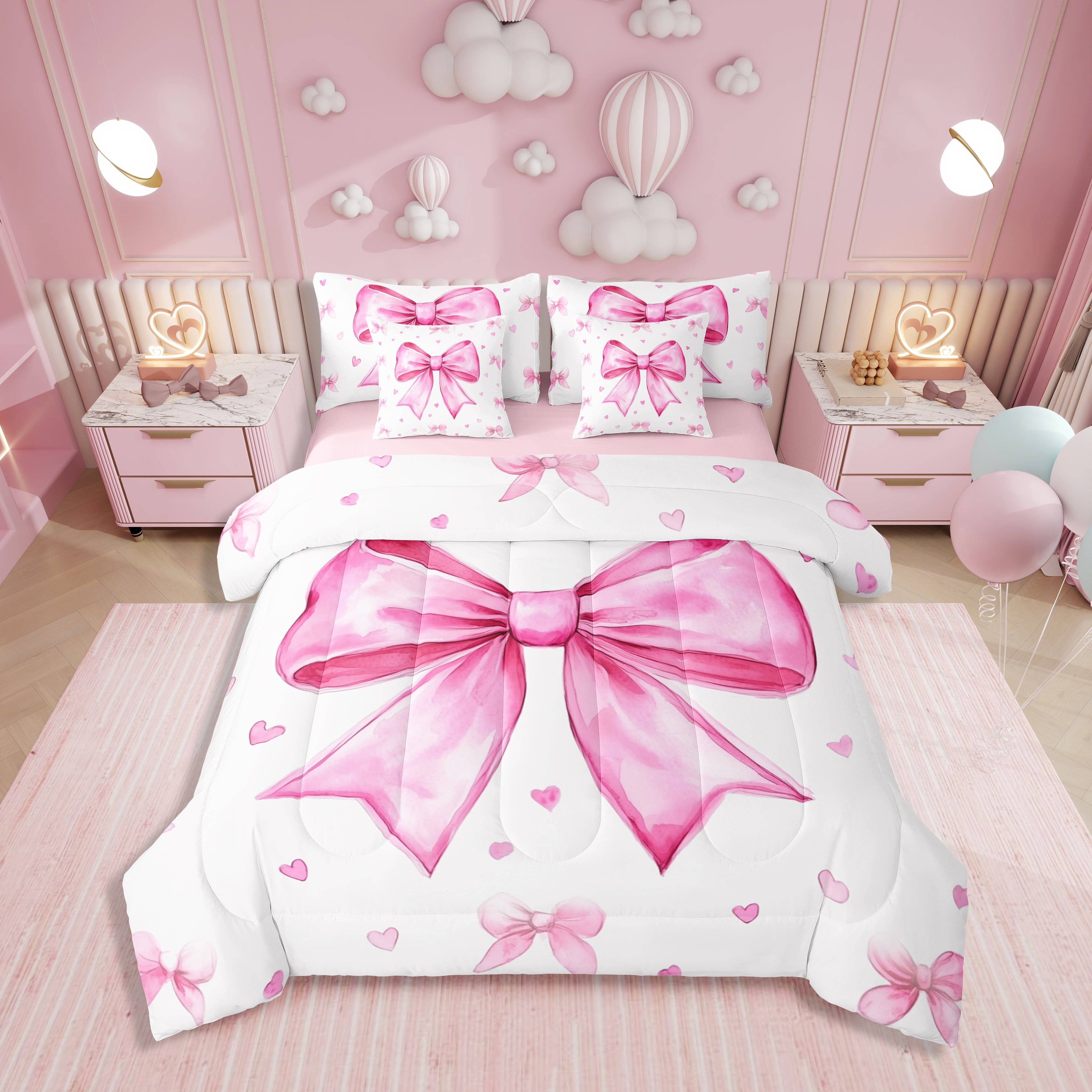 Erosebridal Girly Pink White Full Comforter Set 7 Piece,Cute Bow Bed In ...
