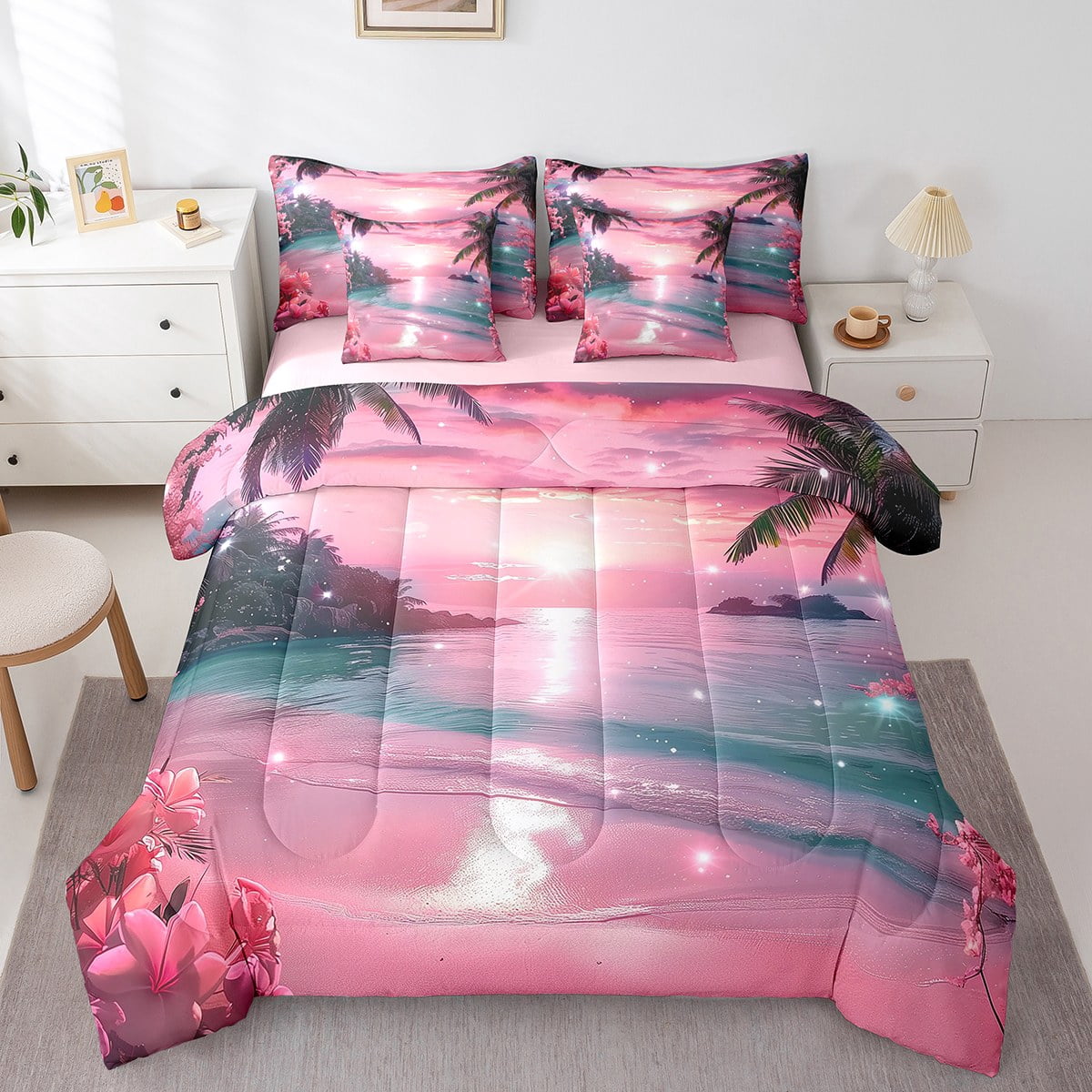 Erosebridal Glitter Ocean Bedding Queen Size, Tropical Flower Bed in a ...
