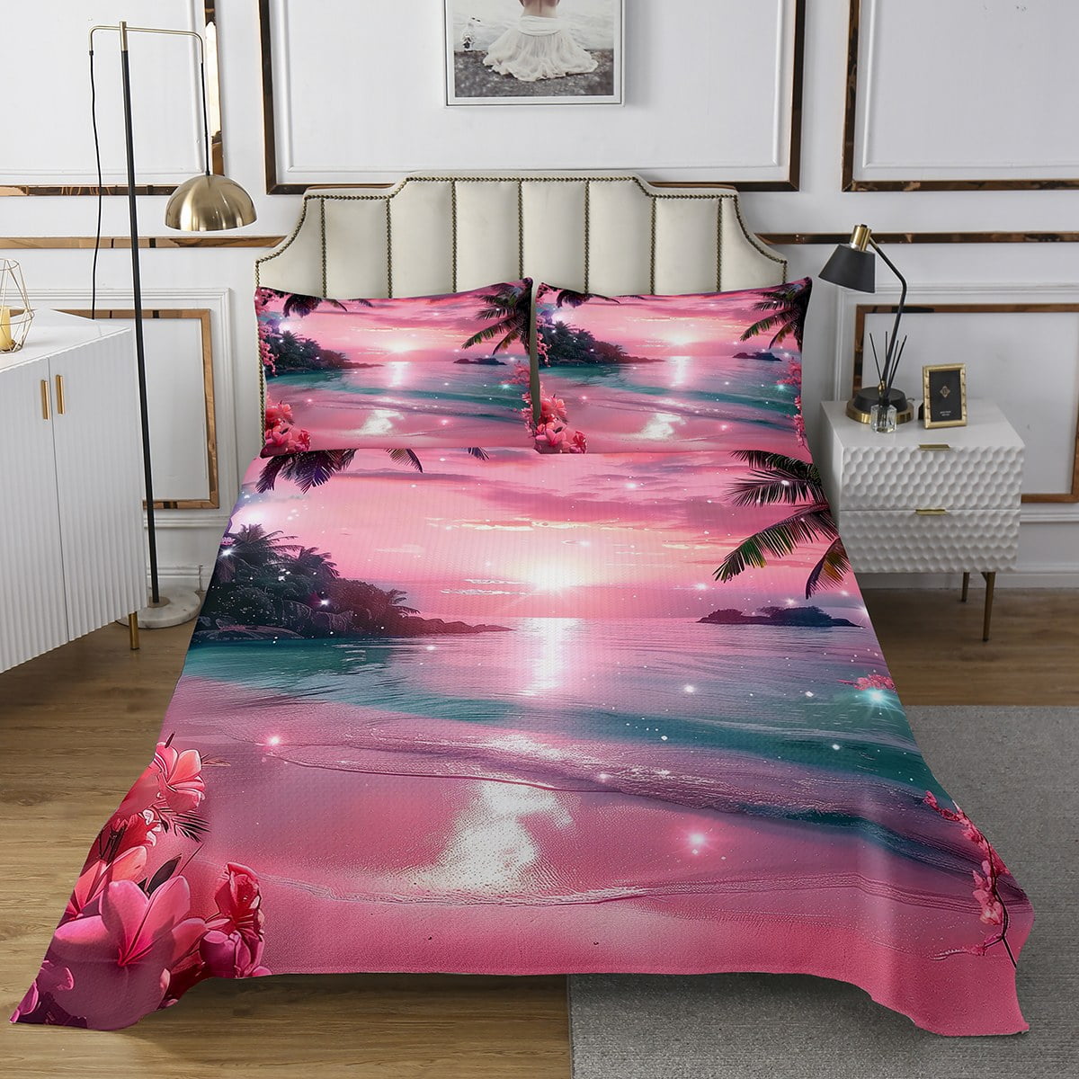 Erosebridal Glitter Ocean Bedspread Sets Twin Size, Tropical Flower Bed ...