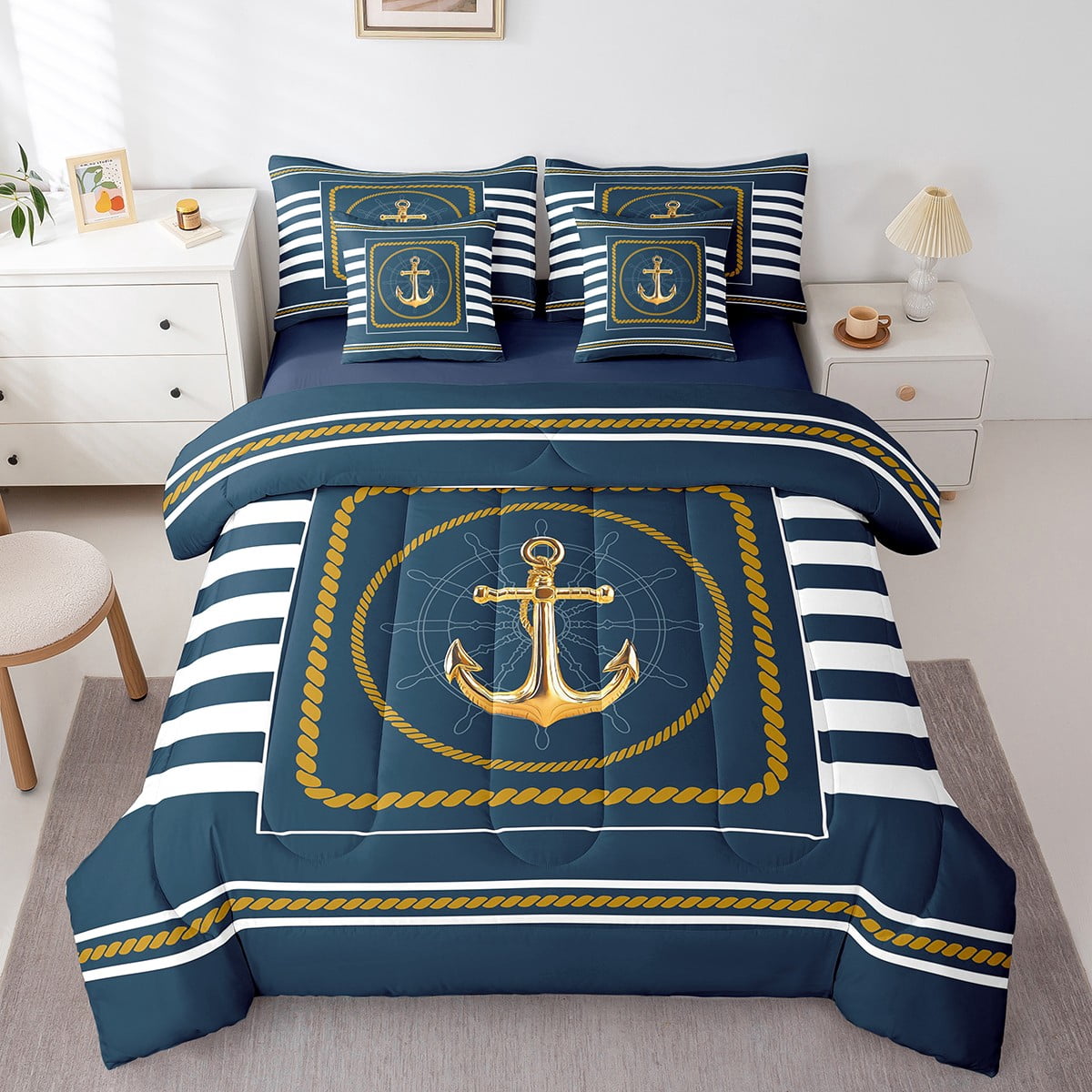 Erosebridal Gold Anchor Bedding Sets King Size, Geometry Stripe ...