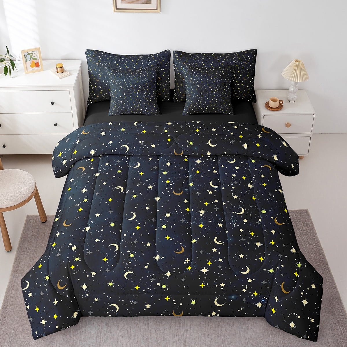 Erosebridal Gold Star Moon Bedding Sets King Size, Cartoon Starry Sky Comforter Sets with Sheets ...