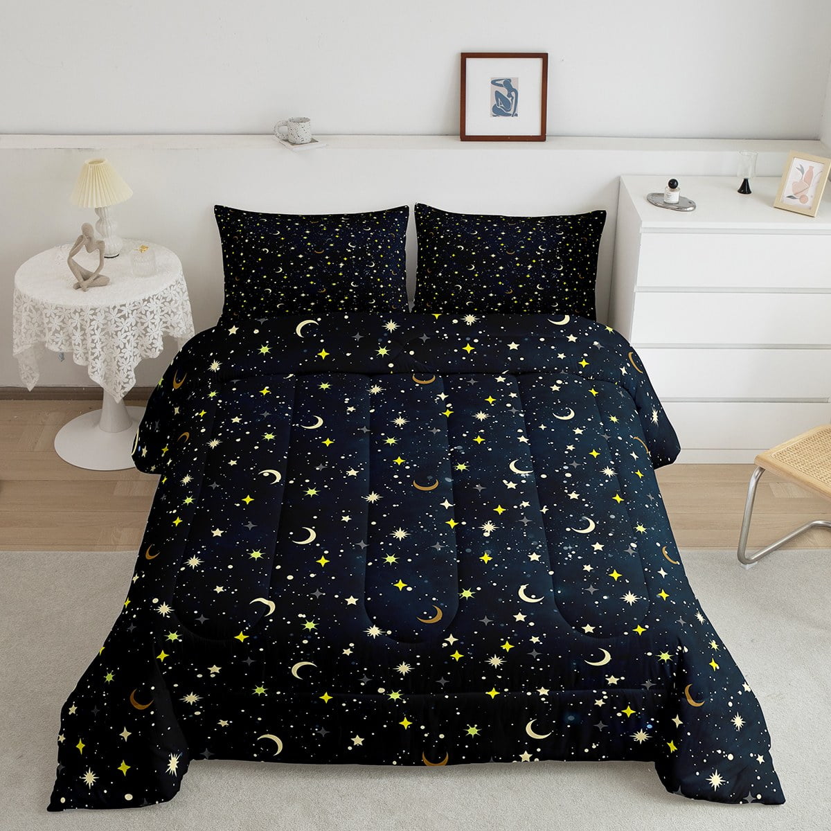 Erosebridal Gold Star Moon Comforter Sets Queen Size, Cartoon Starry Sky Comforters & Duvets ...