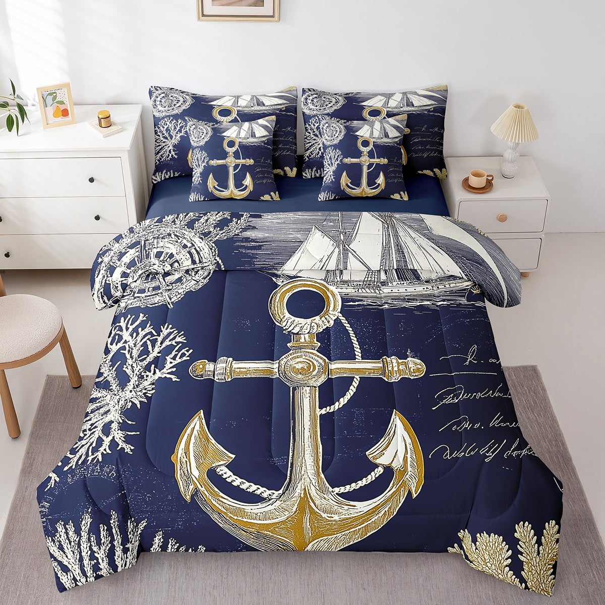 Erosebridal Golden Anchor Bed in a Bag Full size,Sail Boat Bed Set,Ocean Bedroom Decor ...