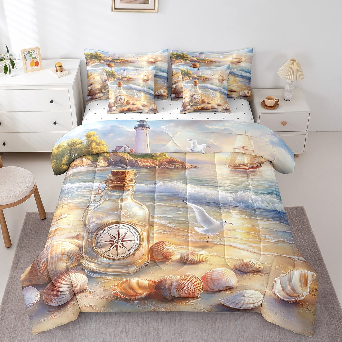 Erosebridal Golden Beach Bedding Queen Size, Kawaii Seashell Bedding ...
