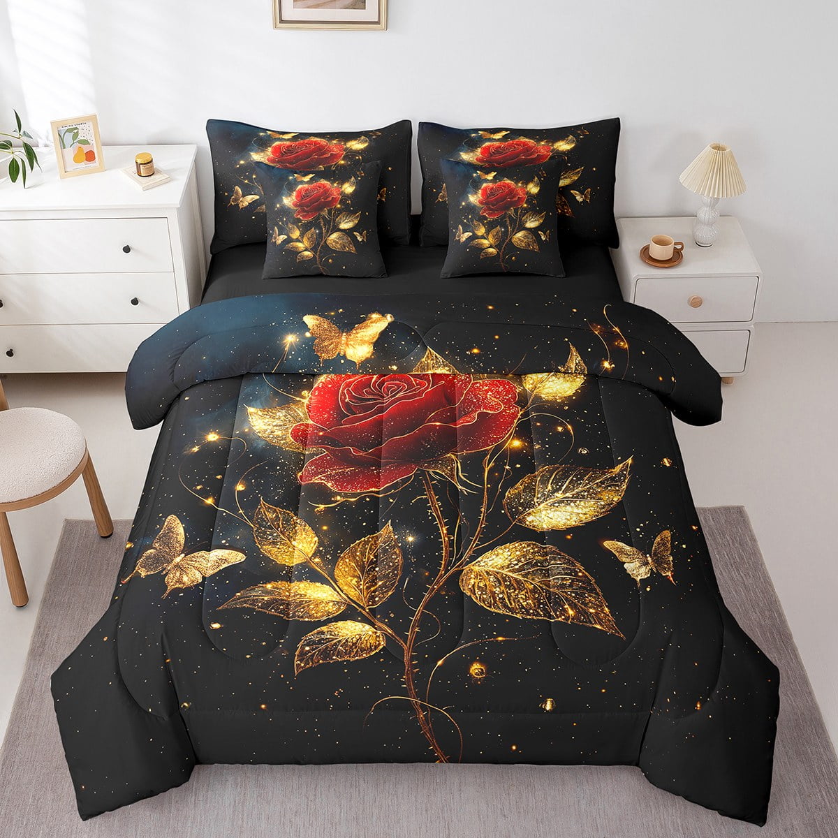 Erosebridal Golden Rose Bed in a Bag Full size, Butterfly Bed Set ...