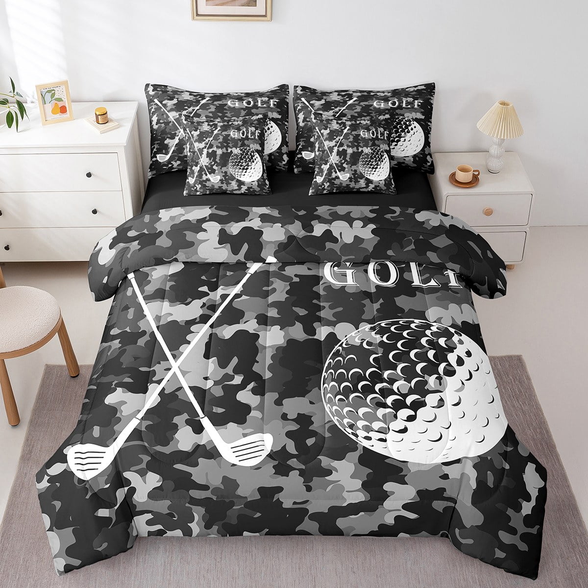Erosebridal Golf Print Bed in a Bag King Size, Gray Camouflage Bed Set ...