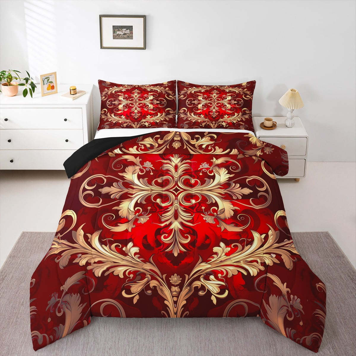 Erosebridal Gothic Damask Comforter Sets Full Size,Red Gold Victorian ...