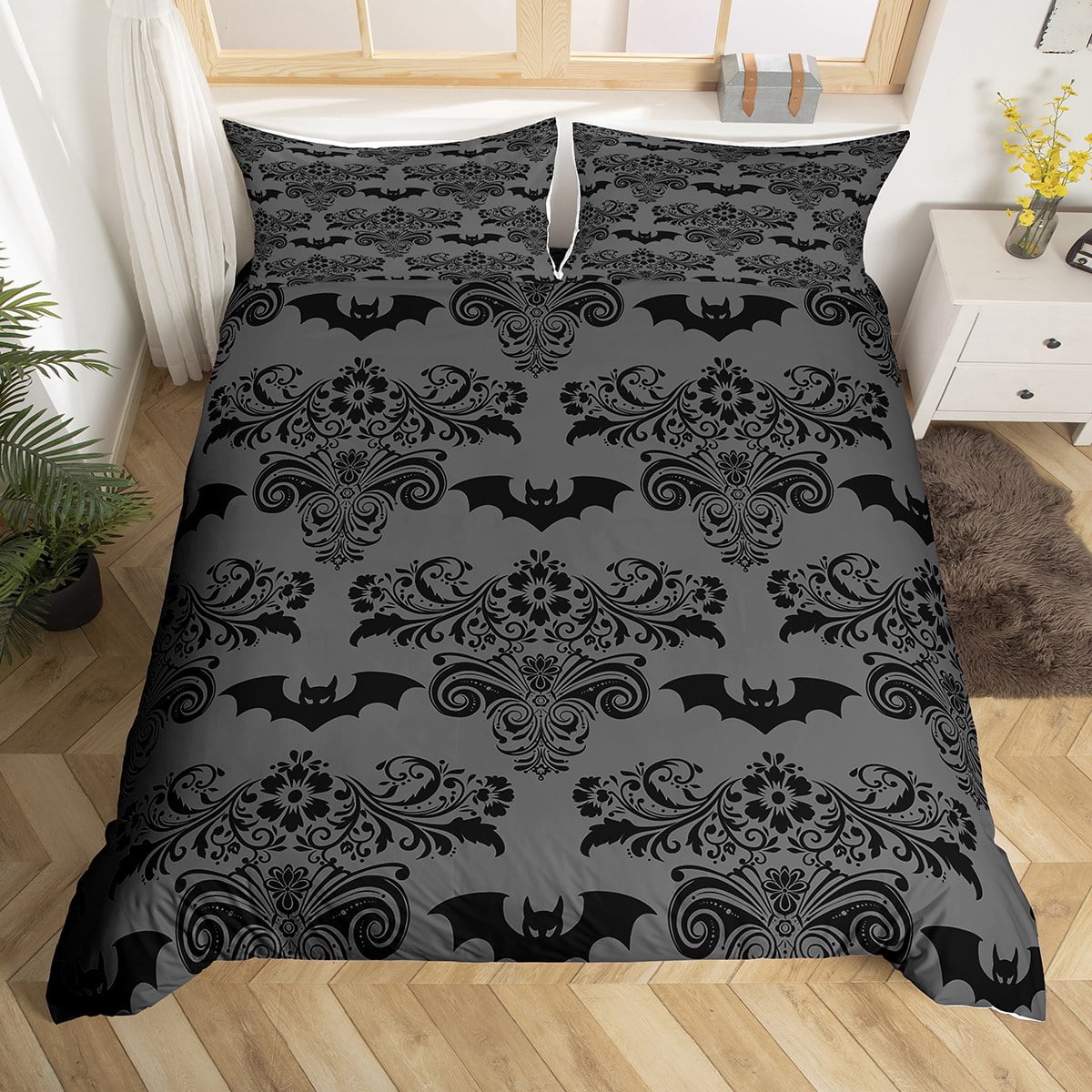 Erosebridal Gothic Damask Duvet Cover King,Bat Pattern Bedding Sets ...