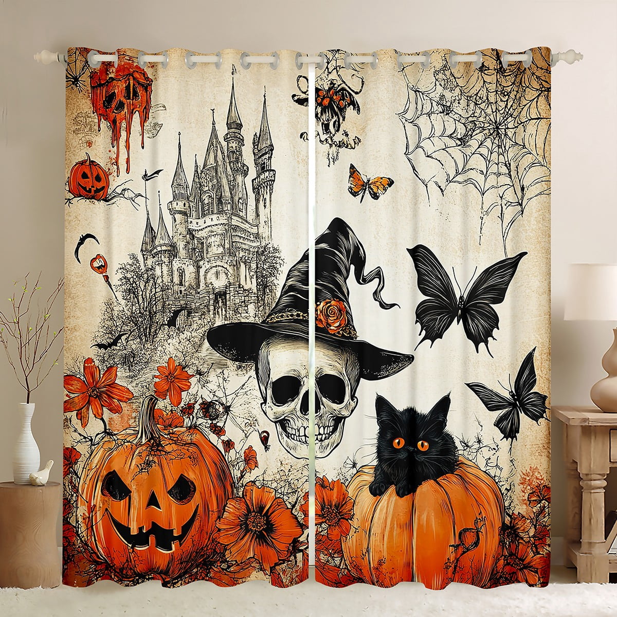 Erosebridal Gothic Skeleton Curtains for Living Room, Cartoon Pumpkin ...