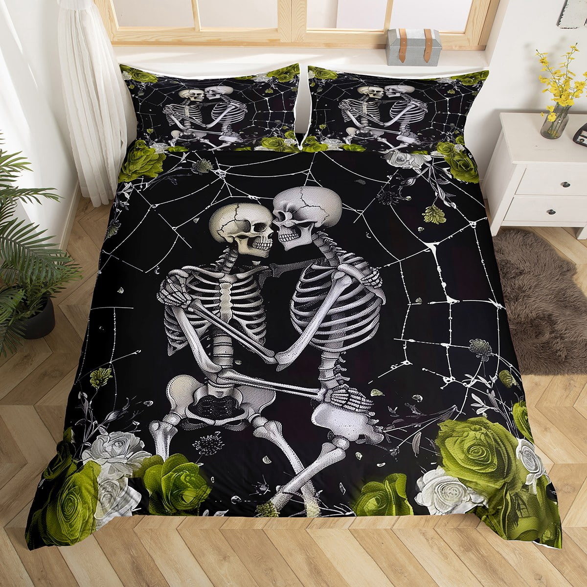 Erosebridal Gothic Skeleton Duvet Cover Queen, Green Rose Bedding Queen ...
