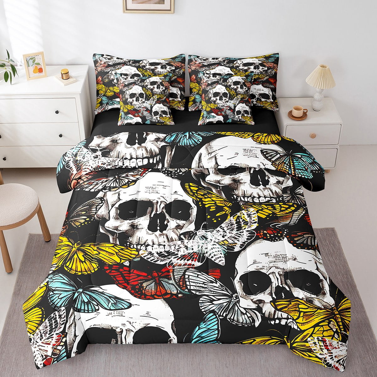 Erosebridal Gothic Skull Bedding Queen Size, Colorful Butterfly Bed Set ...