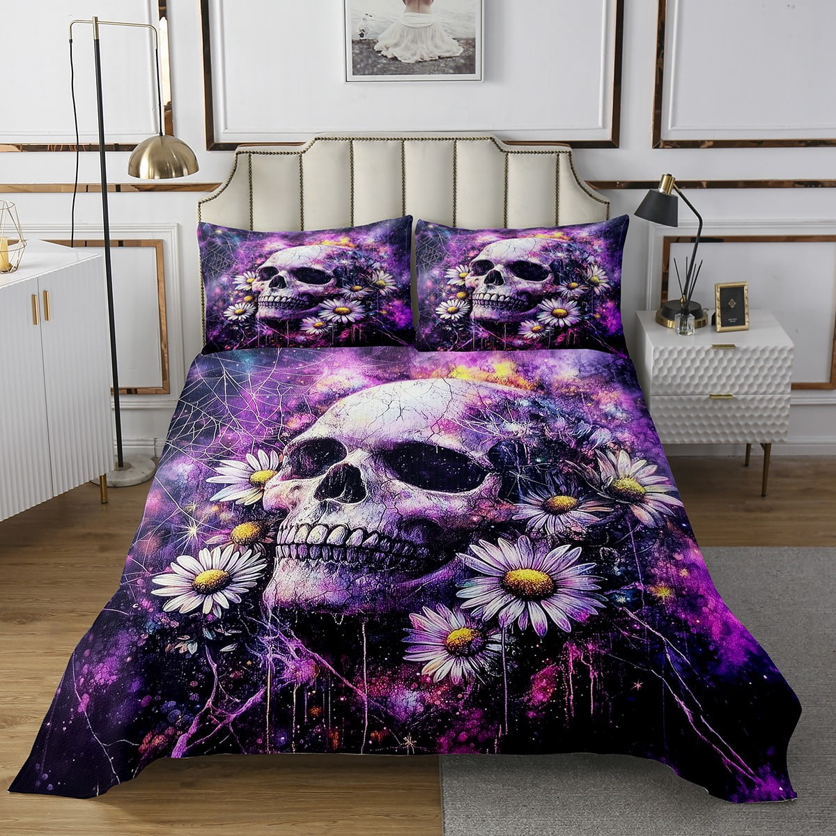 Erosebridal Gothic Skull Bedspread Sets Twin Size,Purple Daisy Bed ...