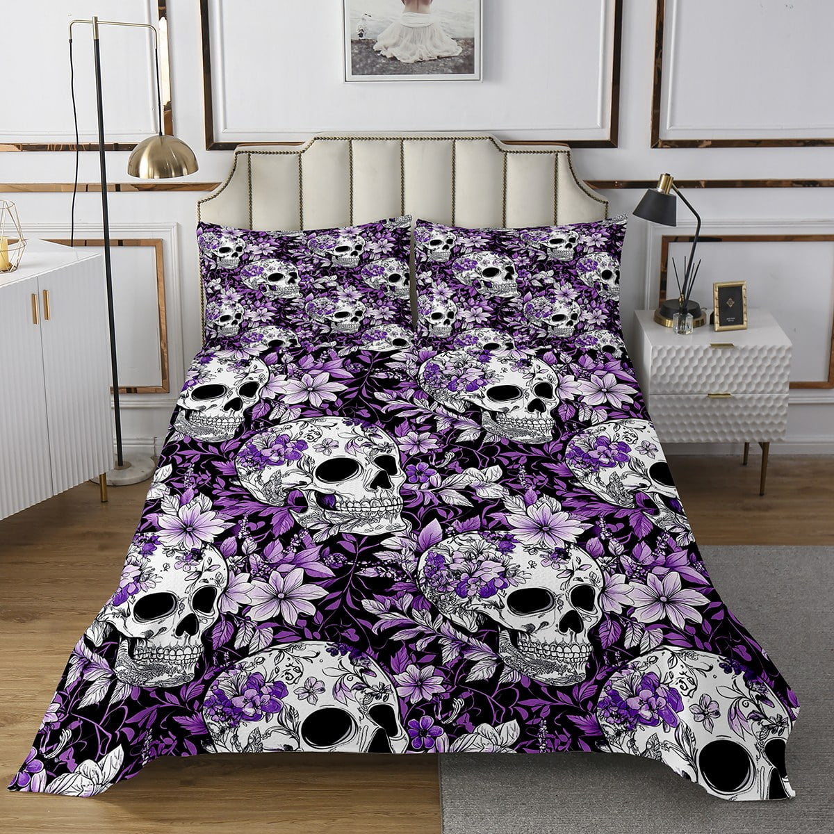 Erosebridal Gothic Skull Bedspread Sets Twin Size,Purple Flower Bed ...
