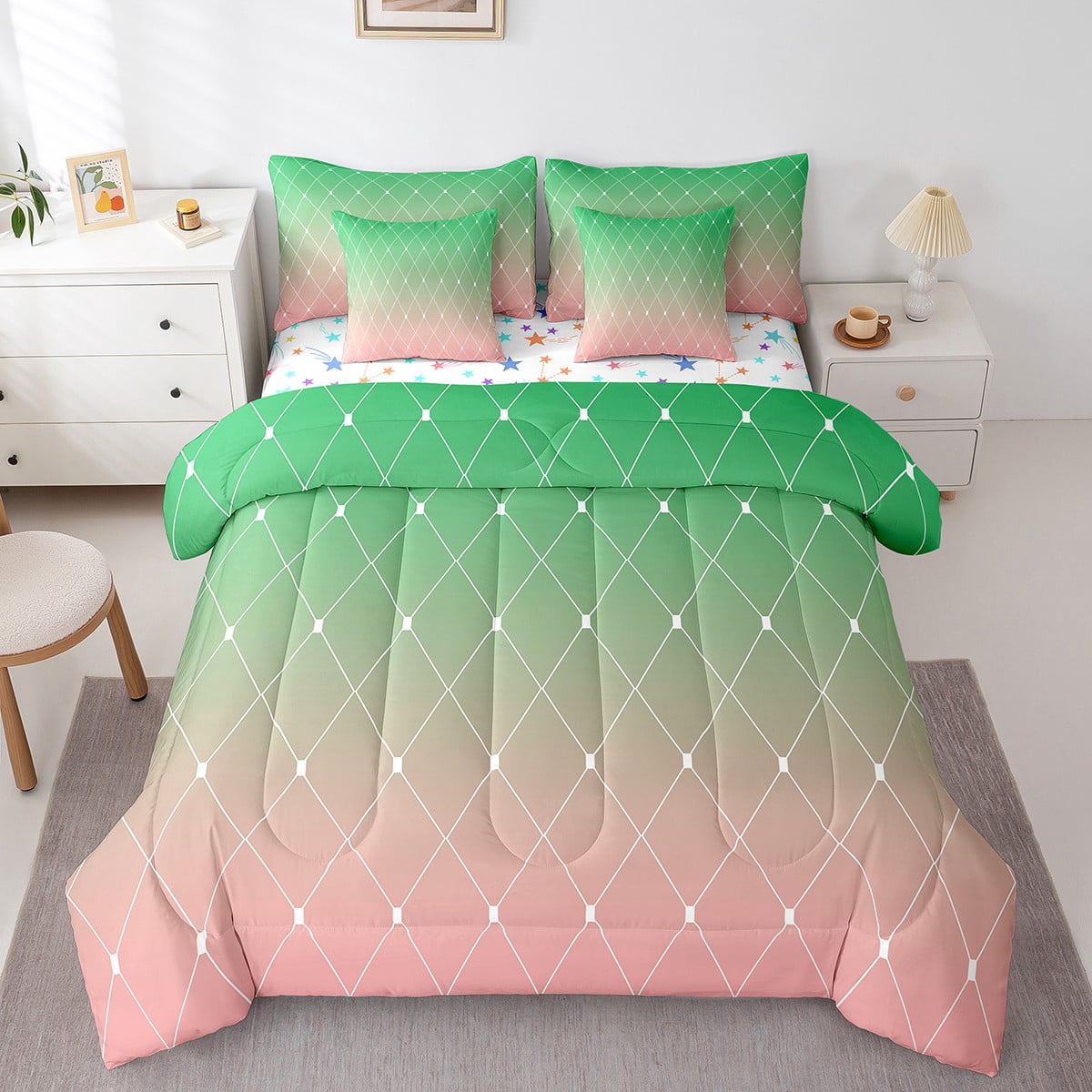 Erosebridal Gradient Pink Green Bed in a Bag Queen Size, Geometric ...