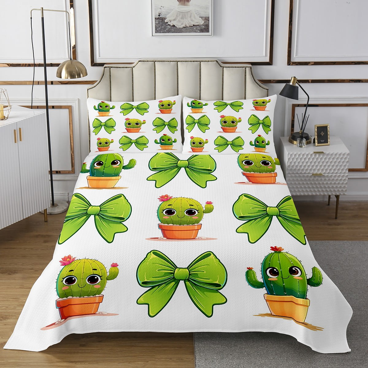 Erosebridal Green Bowknot Quilt Sets for King Size Bed, Kawaii Cactus ...