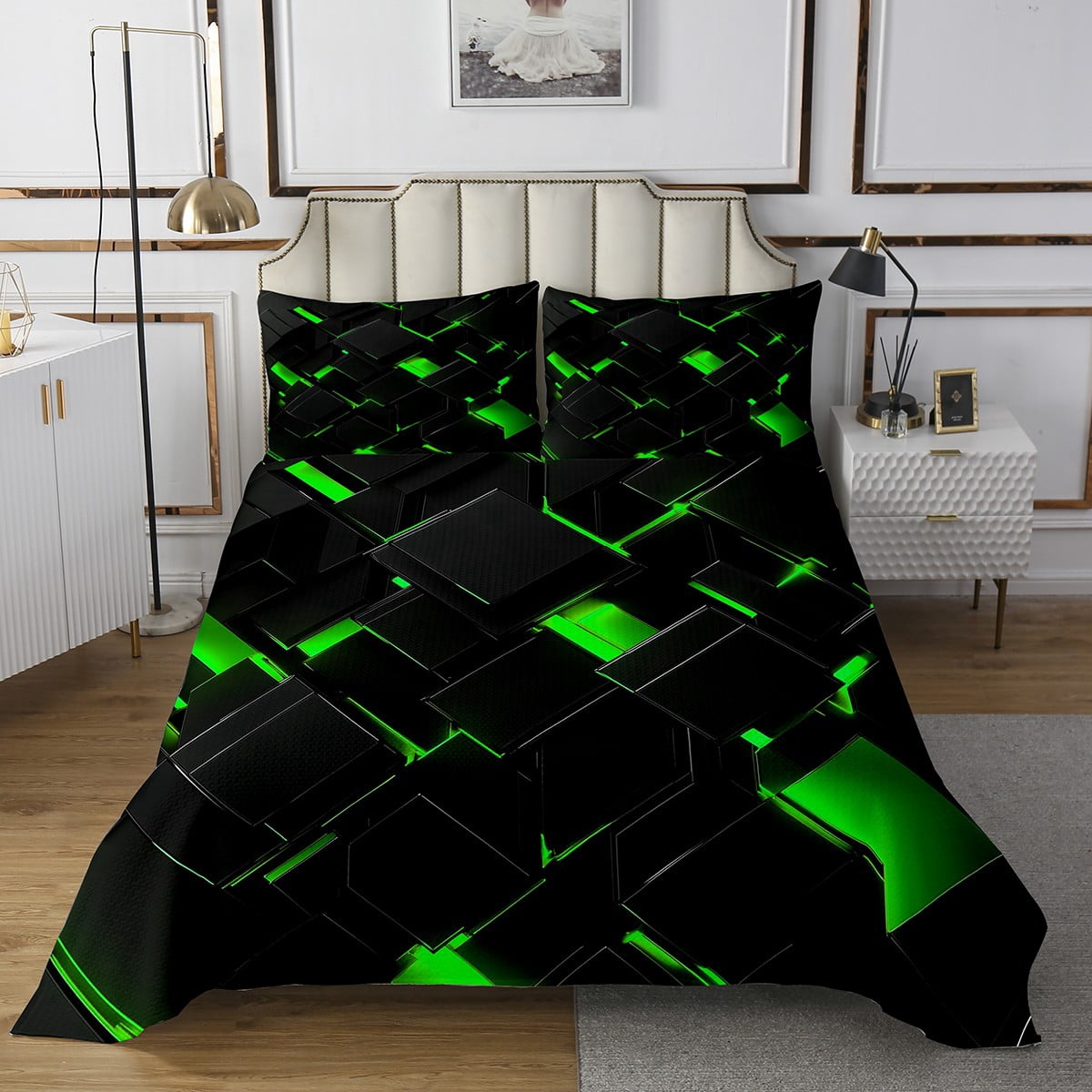 Erosebridal Green Check Quilt Sets for Queen Size Bed,Abstract Plaid ...