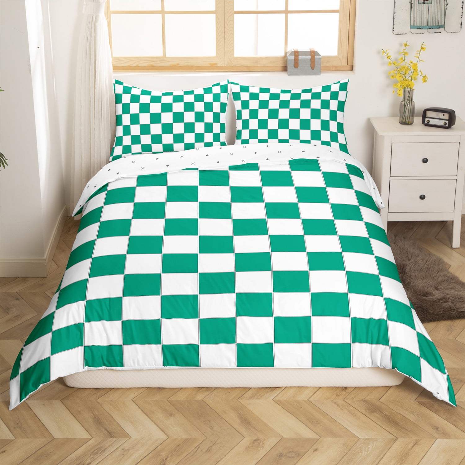 Erosebridal Green Checkered Duvet Cover Full White Emerald Green Checkerboard Bedding Set ...