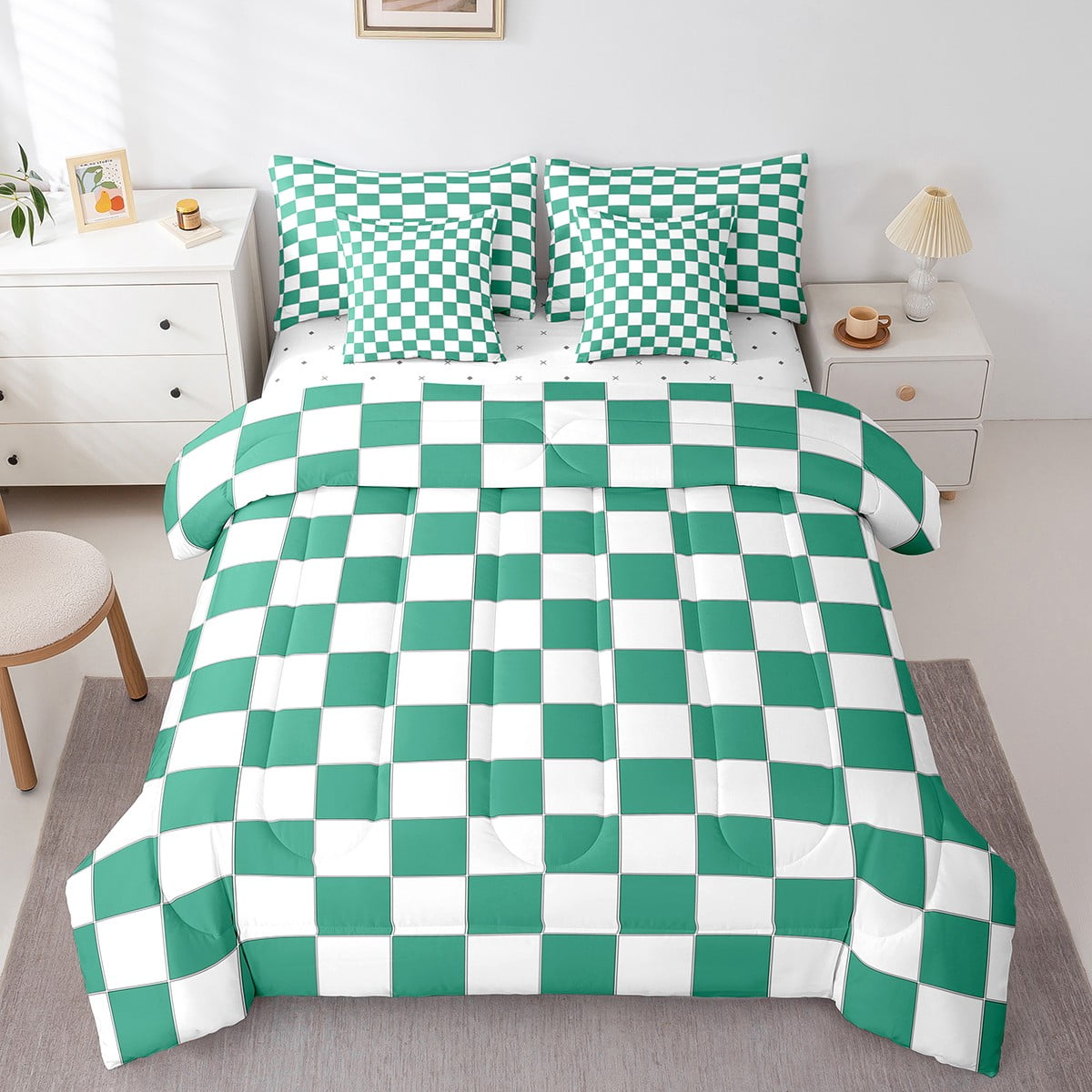 Erosebridal Green Checkered Twin Bed In A Bag 7 Piece White Emerald ...