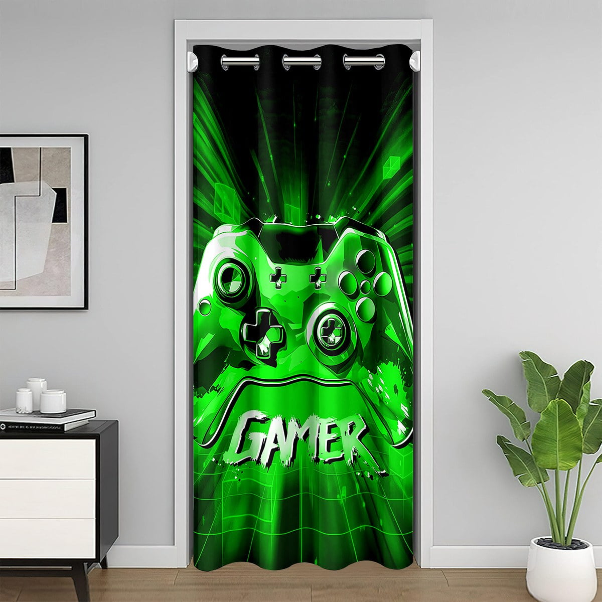 Erosebridal Green Gamer Door Curtain Panel 80"x42",Geometric Buffalo ...