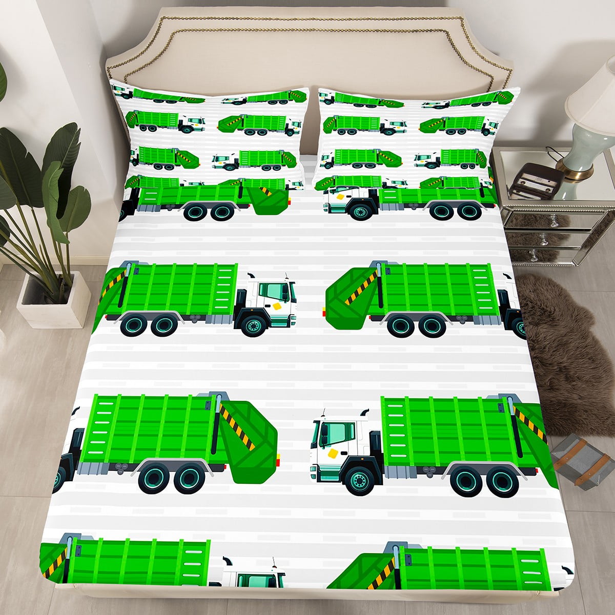 Erosebridal Green Garbage Truck Bed Sheets Grey Stripe Fitted Sheet ...