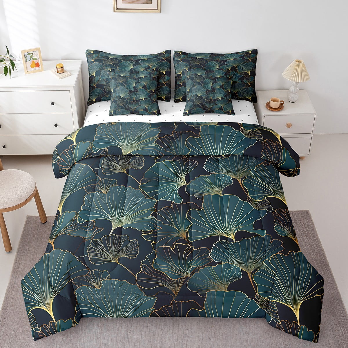 Erosebridal Green Ginkgo Leaf Bed in a Bag Queen Size,Modern Minimalism ...