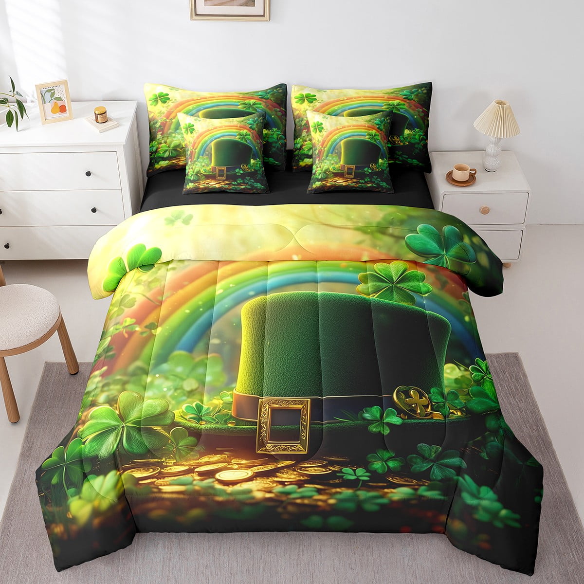 Erosebridal Green Hat Bed in a Bag King size,Rainbow Four Leaf Clover ...