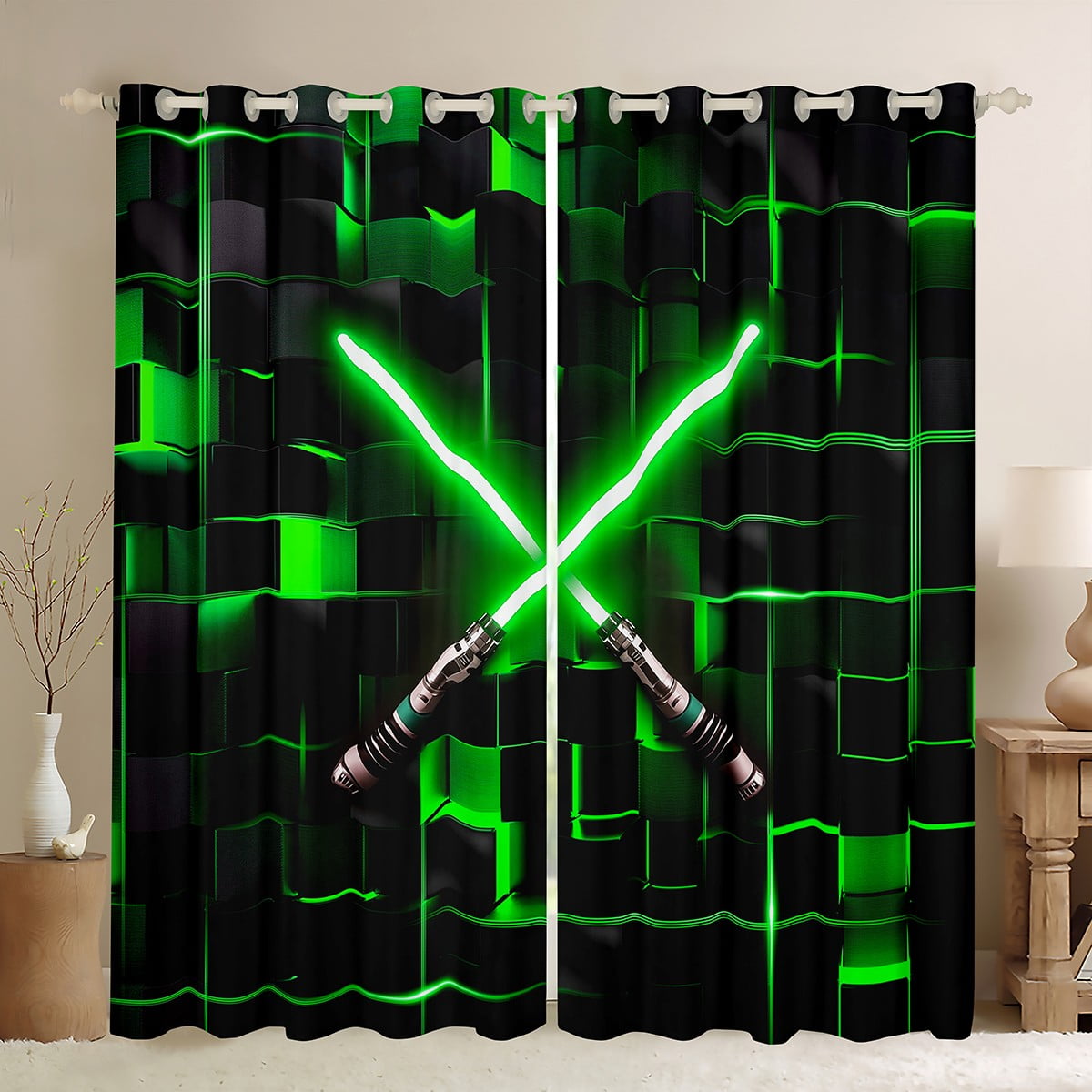 Erosebridal Green Lightsaber Curtains for Living Room,Geometric 3D ...