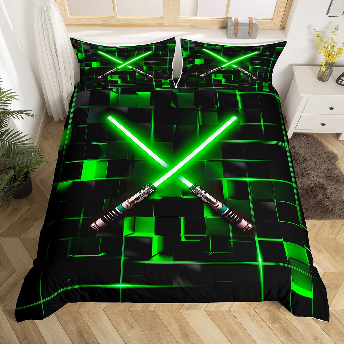 Erosebridal Green Lightsaber Duvet Cover Twin,Geometric 3D Plaid ...