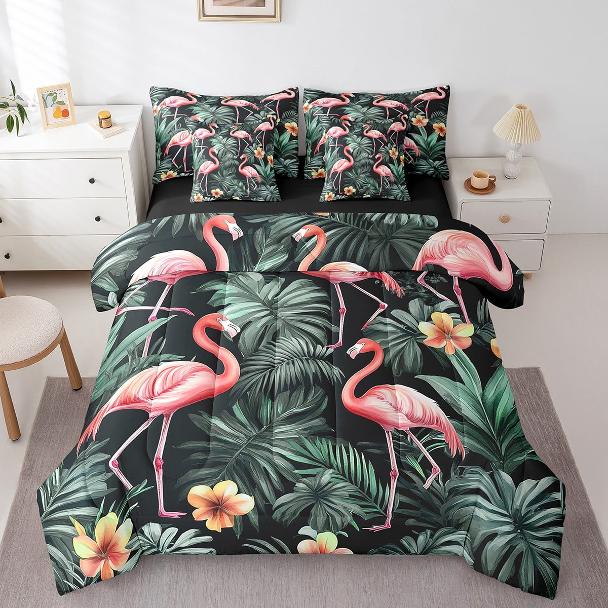 Erosebridal Green Palm Bedding Sets Queen Size, Cute Flamingo Comforter ...