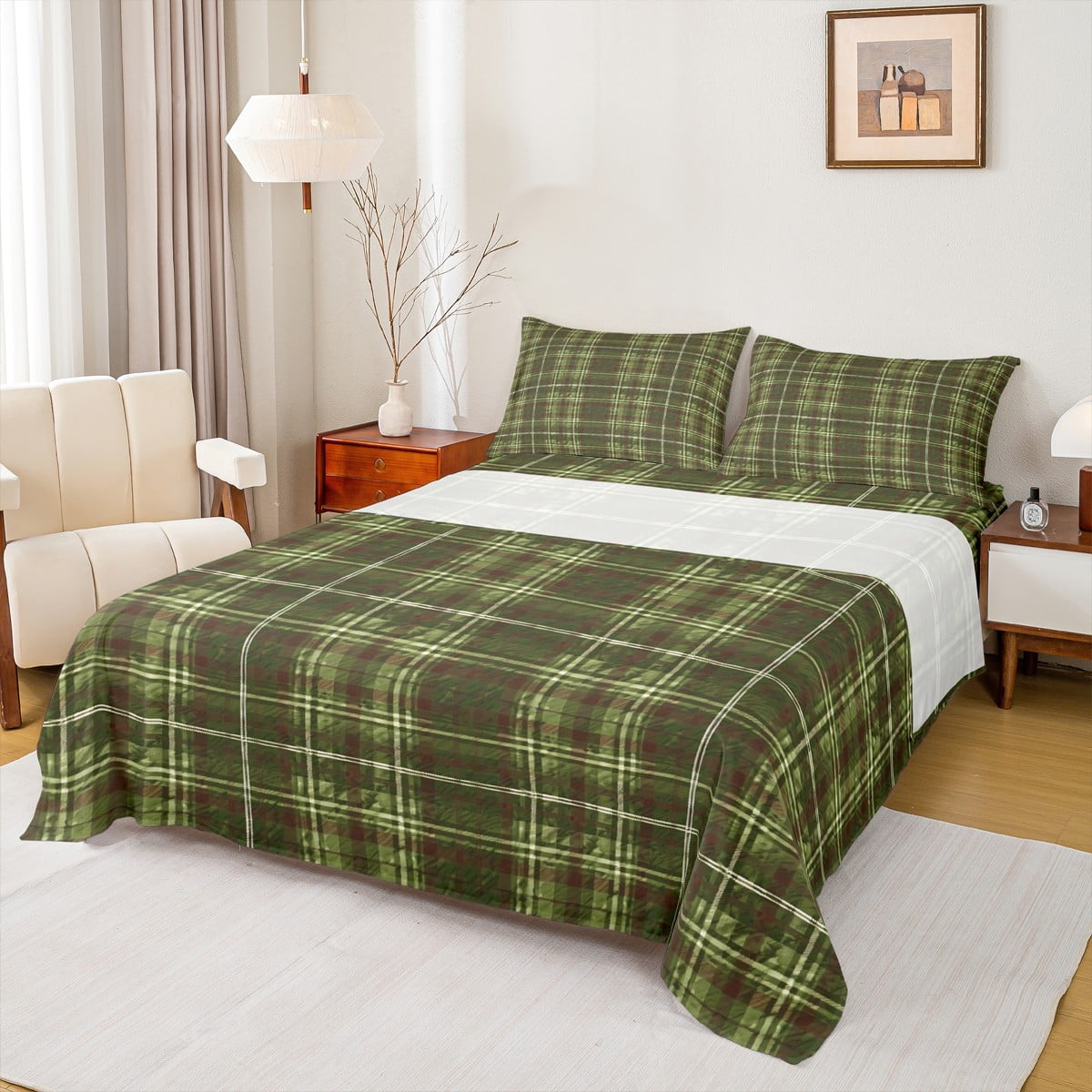 Erosebridal Green Patchwork Plaid Bed Sheets Set Queen Size,Brown ...