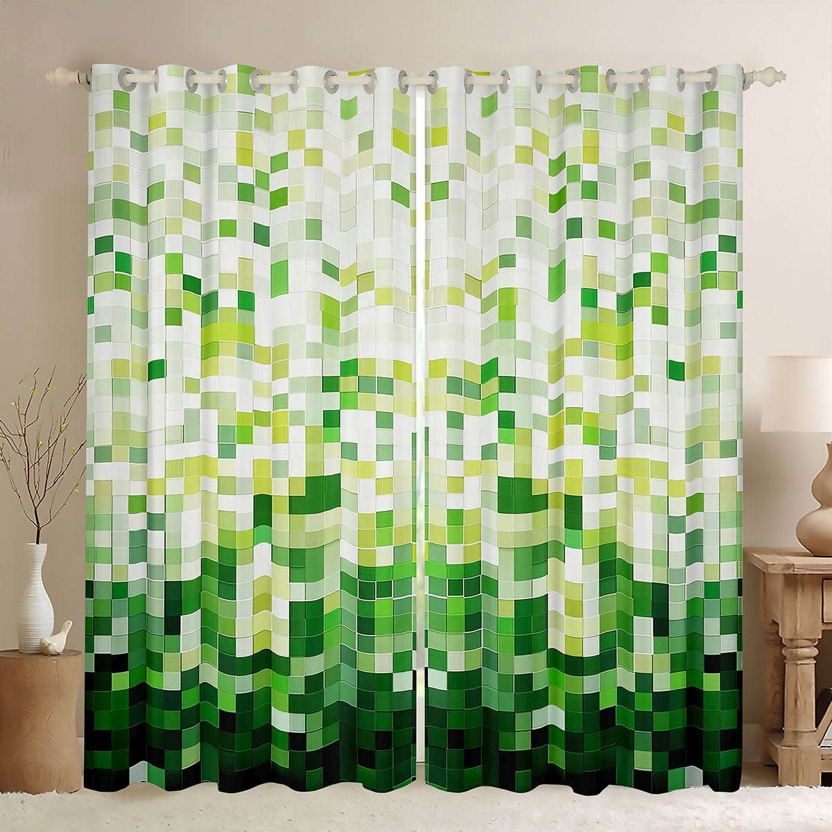 Erosebridal Green Square Black Out Curtains for Boys, Pixelate Miner ...