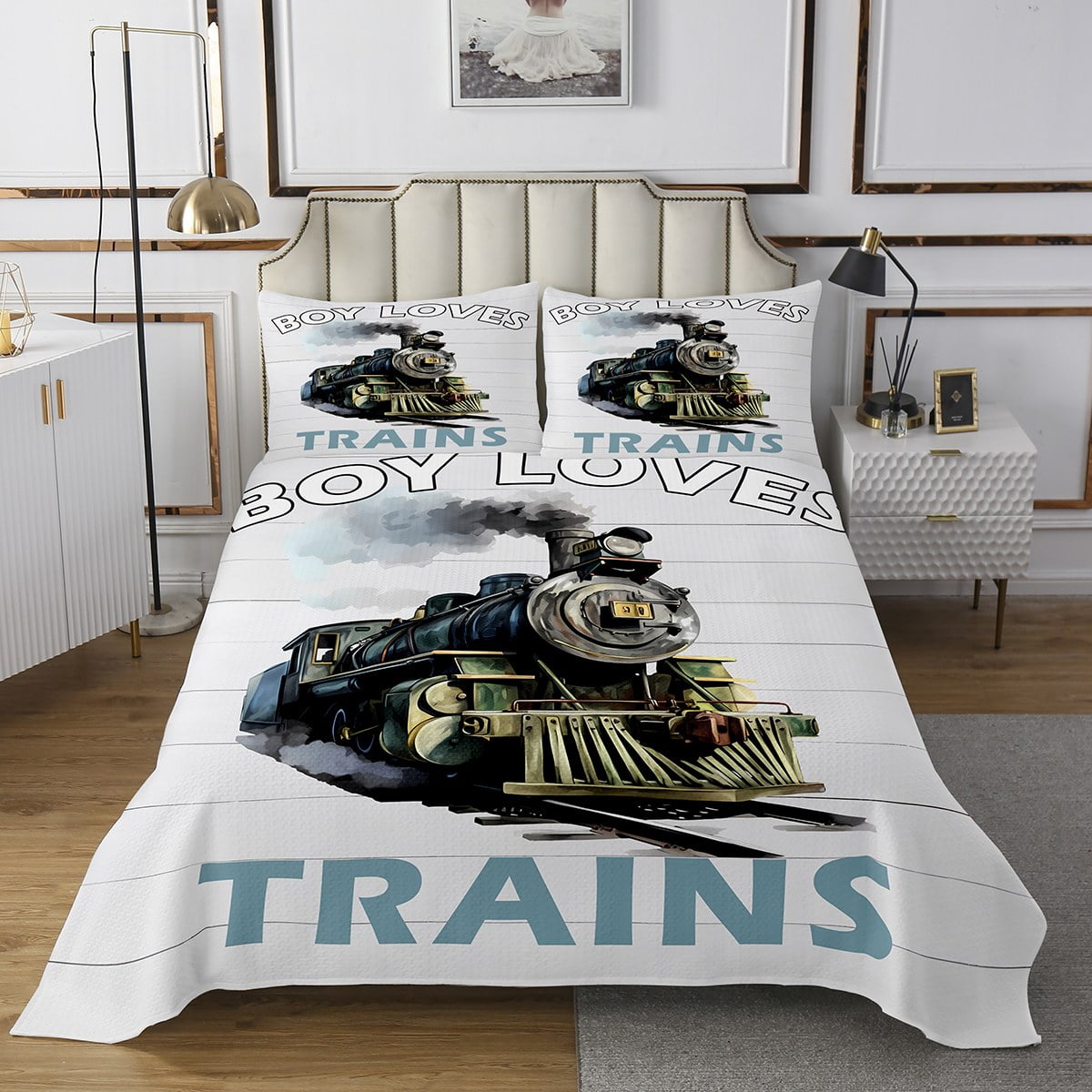 Erosebridal Green Train Quilt Sets for Queen Size Bed,Railway Railroad ...