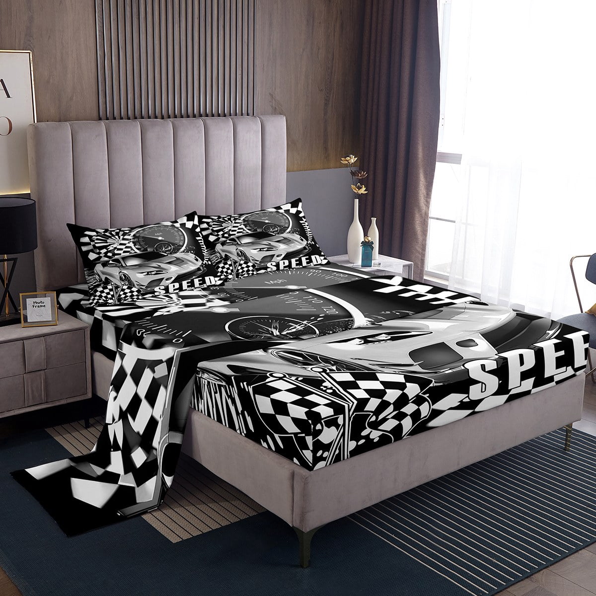 Erosebridal Grey Race Car Bed Sheets Set Twin Size, Checkered Flag Bed ...
