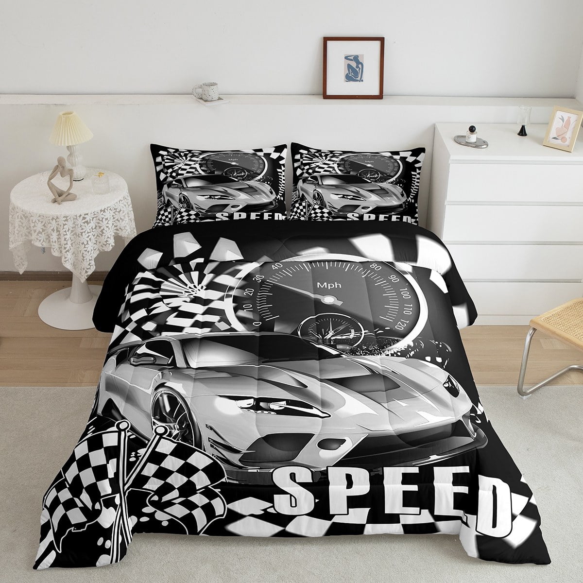 Erosebridal Grey Race Car Bedding Full Comforter Set, Checkered Flag ...