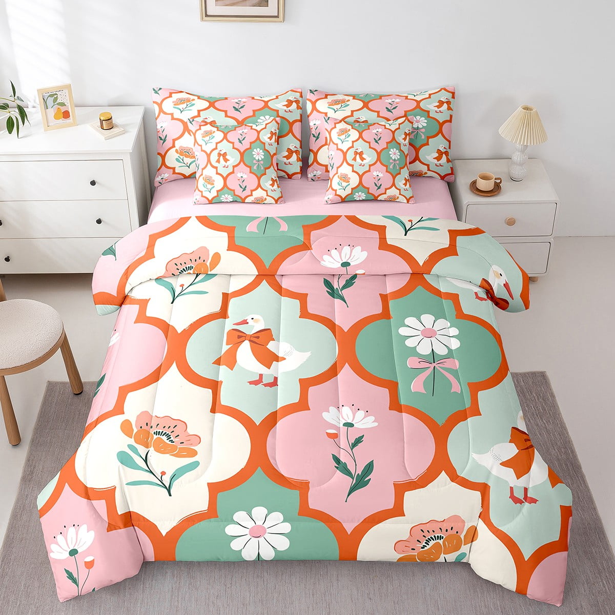 Erosebridal Groovy Floral Bedding Queen Size for Girls, Pink Flower ...