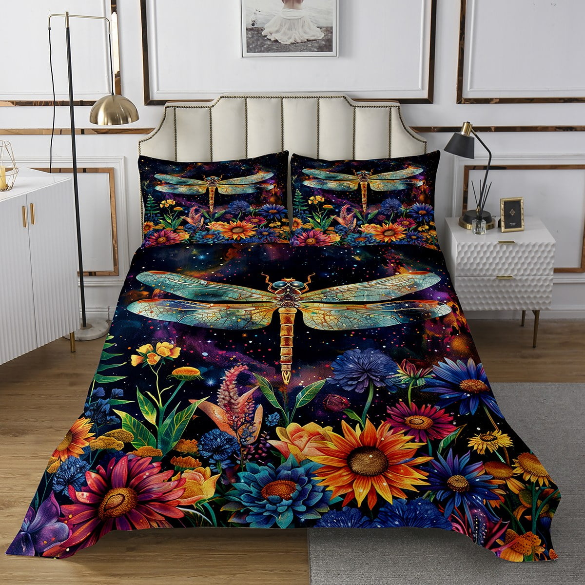 Erosebridal Groovy Floral Bedspread Sets King Size, Blue Dragonfly Bed ...