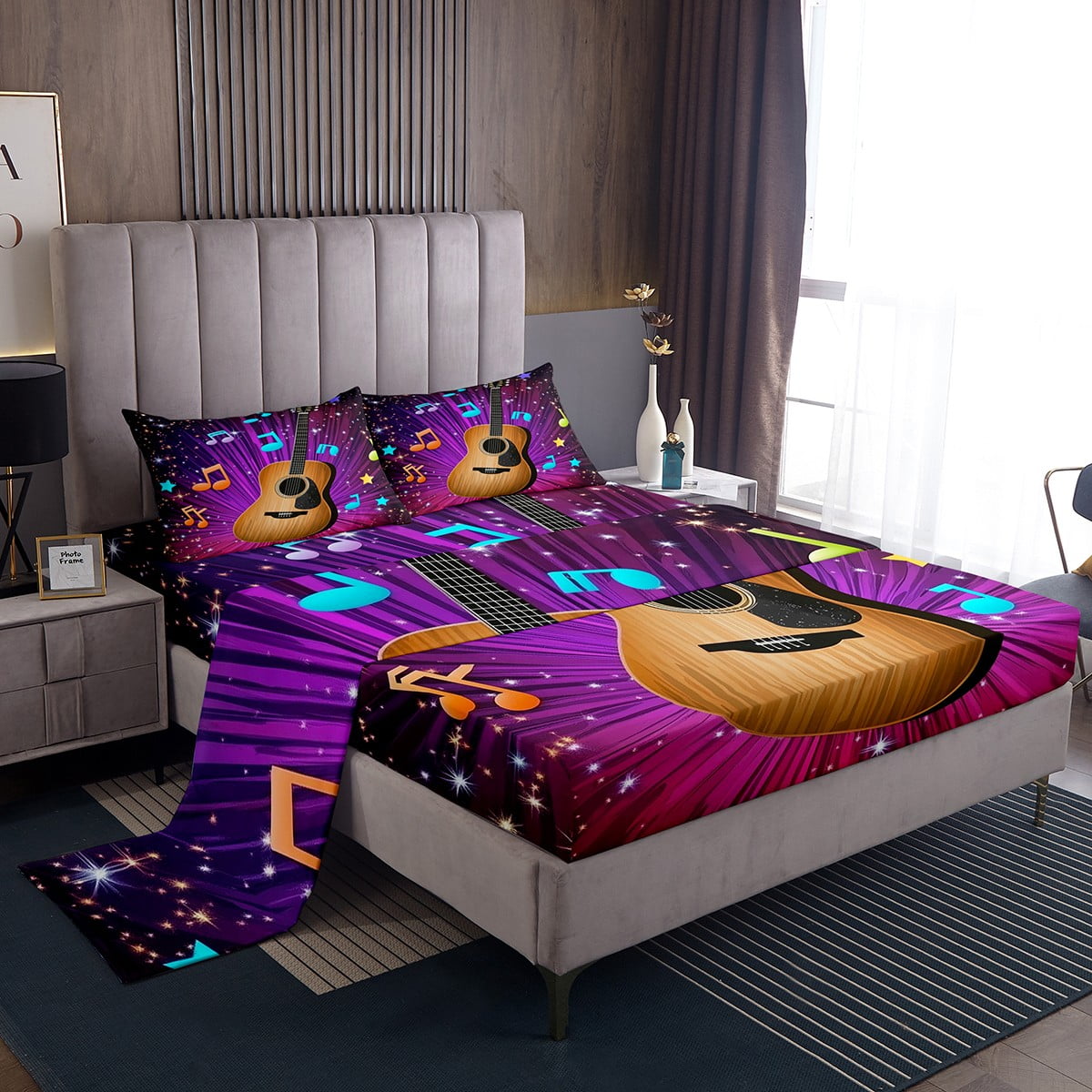 Guitar Sheets Glitter Music Notes Queen Bed Sheets Set,Musical ...