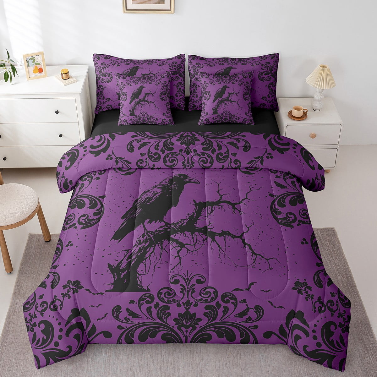 Erosebridal Halloween Crow Bedding King Size, Damask Flower Bed Set ...
