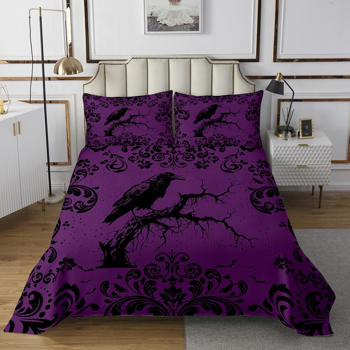 Erosebridal Halloween Crow Bedspread Sets Queen Size, Damask Flower ...