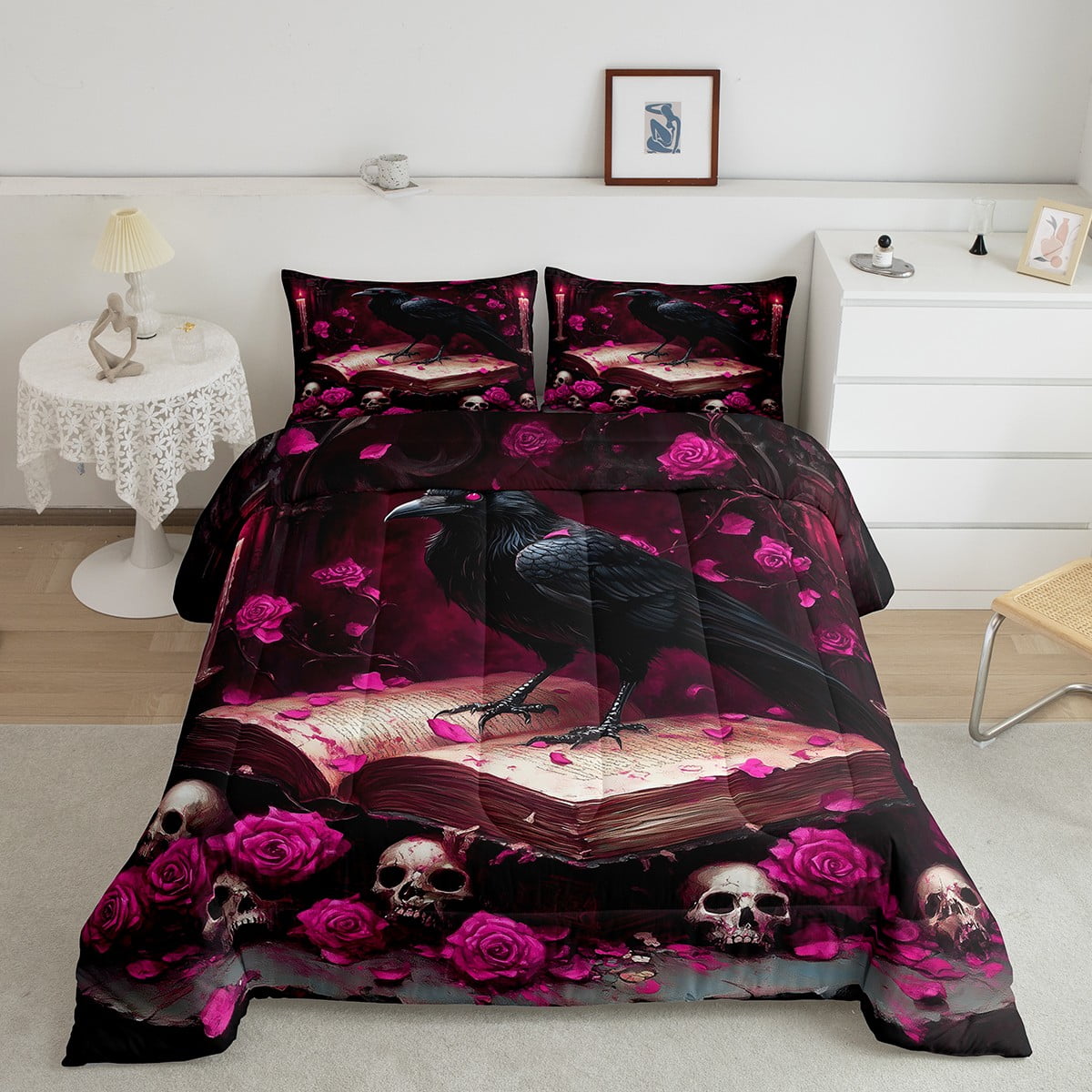Erosebridal Halloween Skeleton Comforter Sets Queen Size, Black Crow ...
