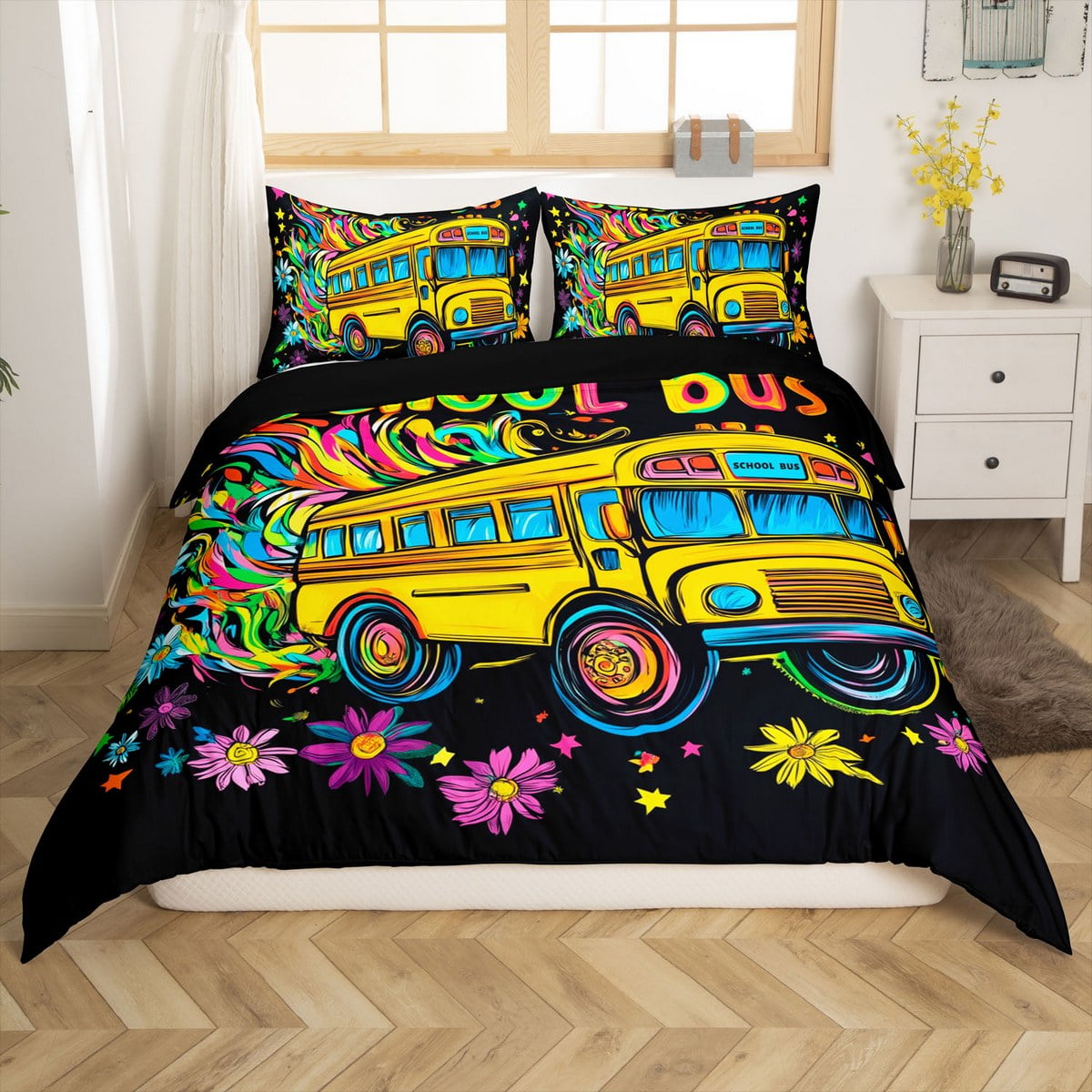 Erosebridal Hand Drawn School Bus Duvet Cover Full, Rainbow Daisy ...