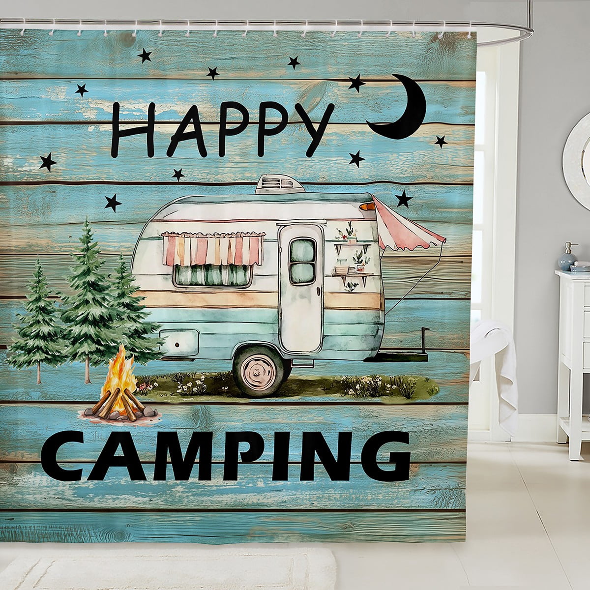 Erosebridal Happy Camping Bathroom Curtain Camper Theme 72