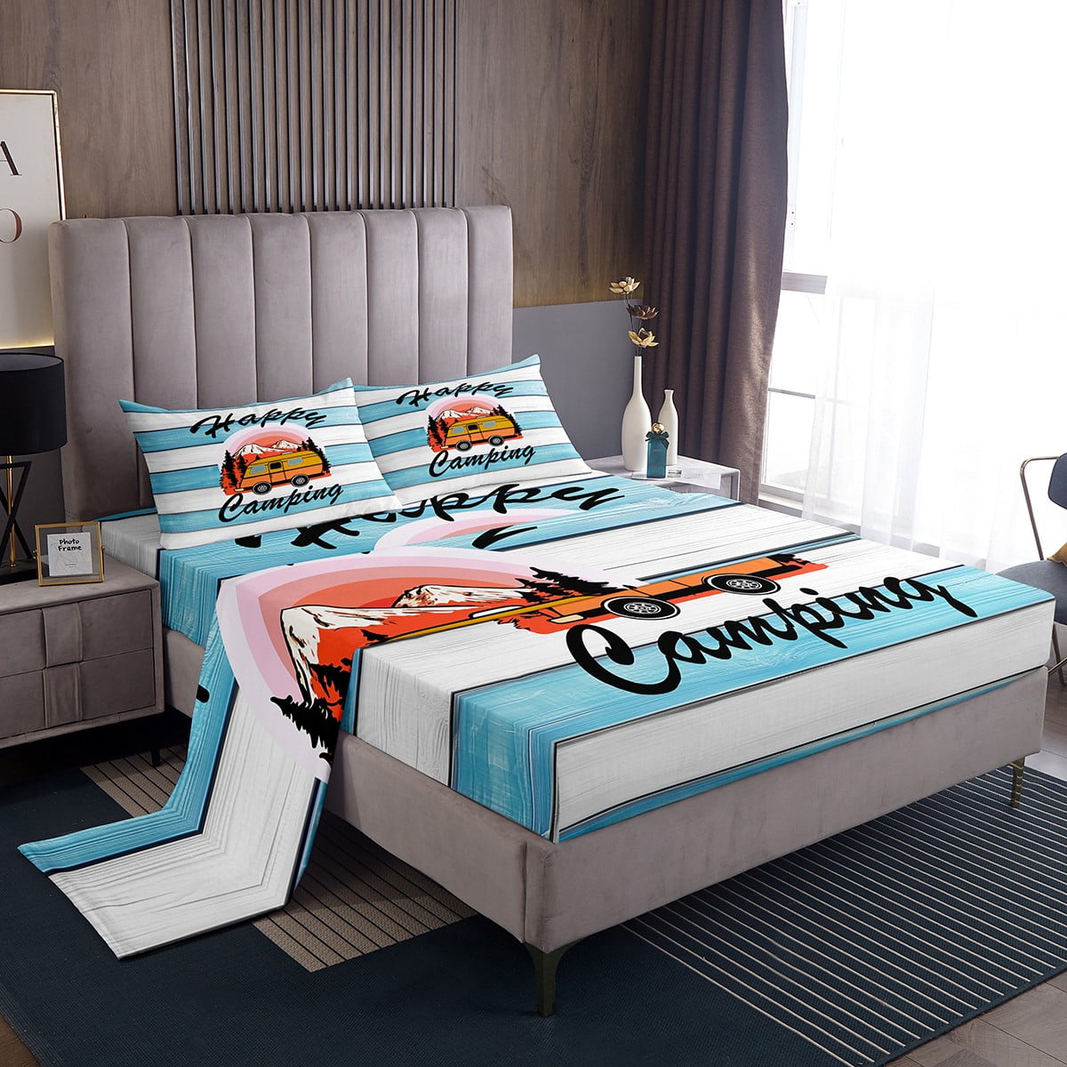 Erosebridal Happy Camping Bed Sheets King, Camper RV Accessories ...