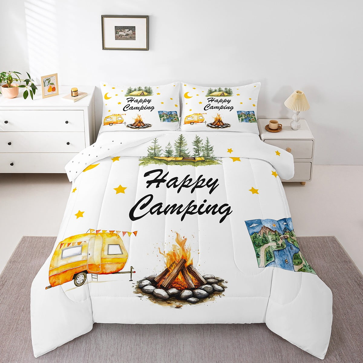 Erosebridal Happy Camping Bedding Queen Comforter Set, Tent Camper Campfire Down Comforter ...