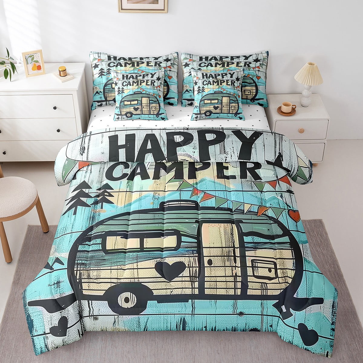 Erosebridal Happy Camping Bedding Queen Size,Camper RV Car Bedding Sets ...