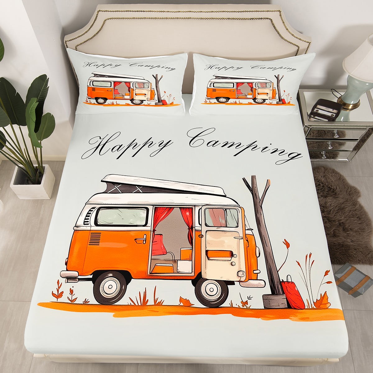 Erosebridal Happy Camping Bedding Set Orange Vintage Camper Fitted ...