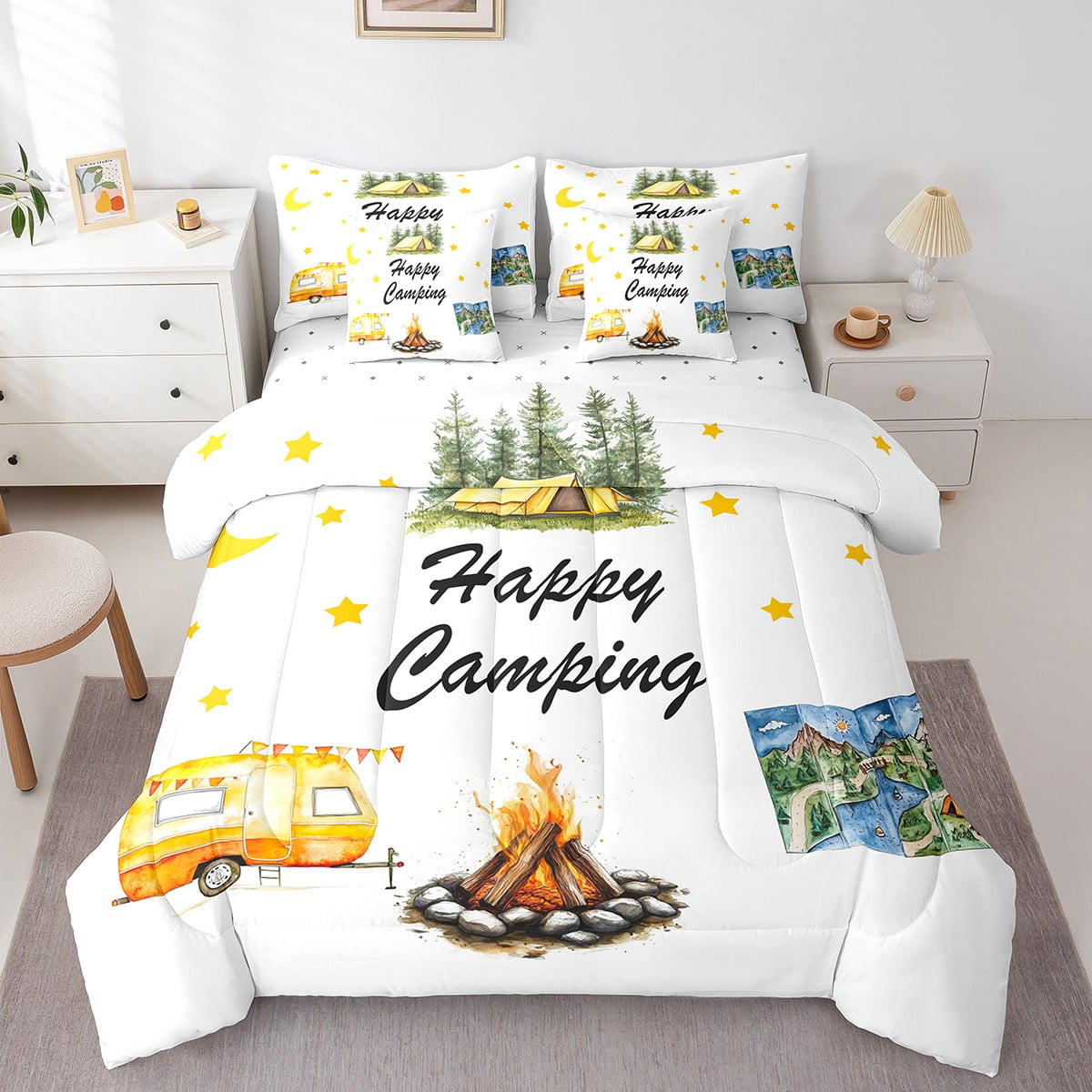 Erosebridal Happy Camping Bedding Sets Full Size, Tent Camper Campfire ...