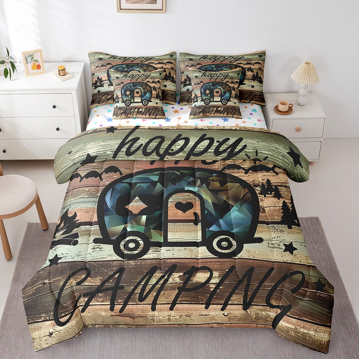 Erosebridal Happy Camping Bedding Sets Queen Size, Camper Car Comforter ...