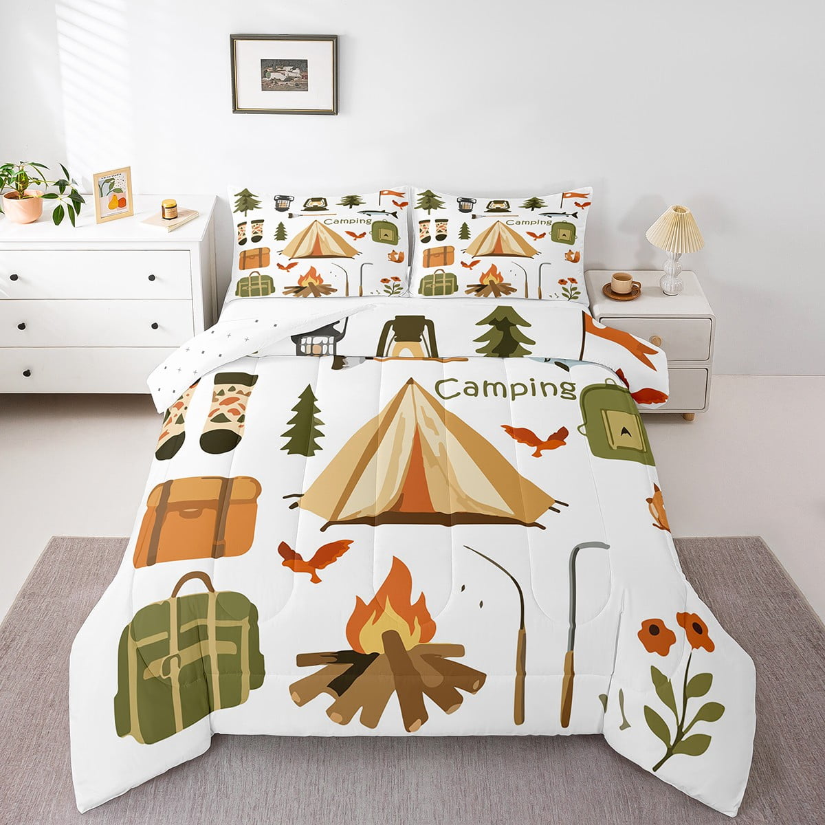 Erosebridal Happy Camping Bedding Twin Comforter Set,Camp Travel Down ...